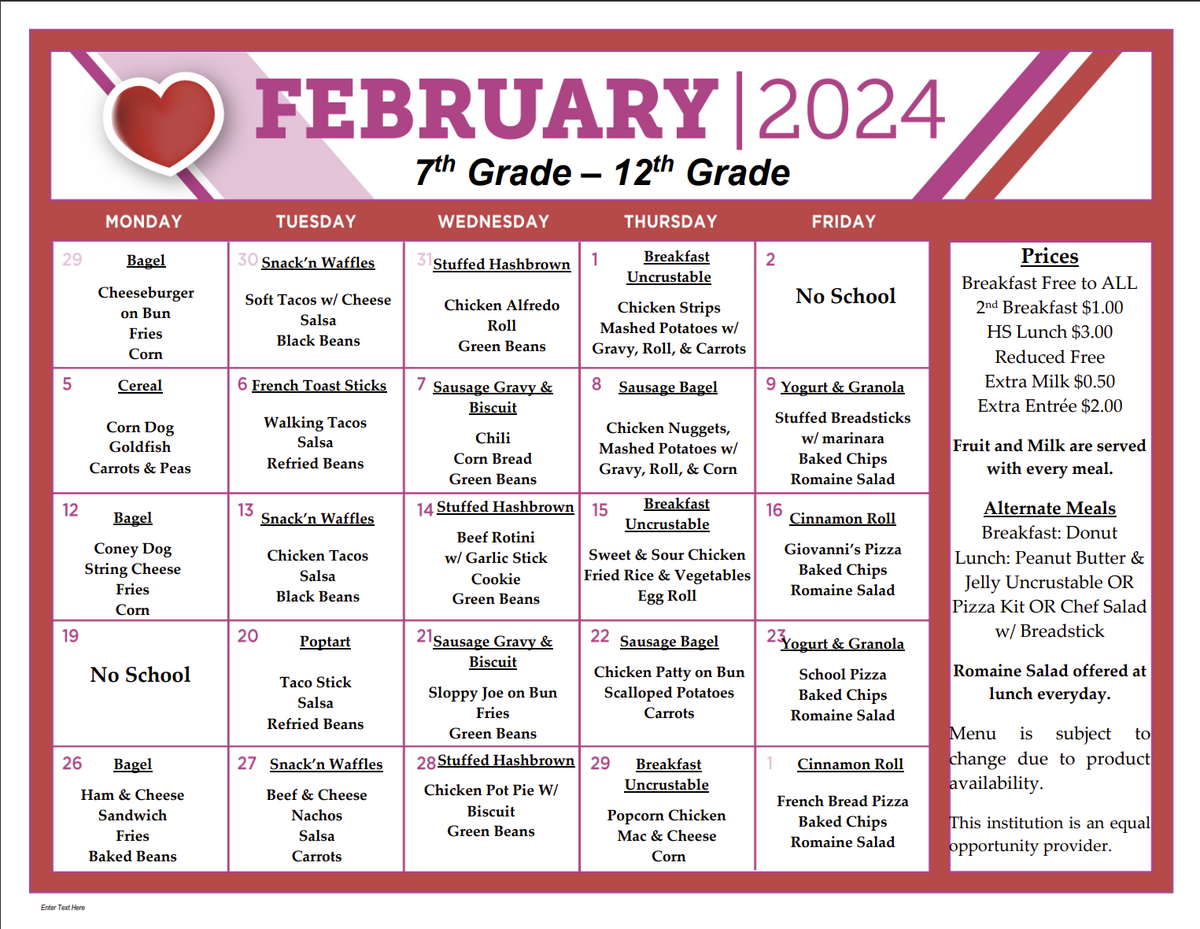 Resources - Lunch Menu - Lunch Menu | Hillsboro Christian Academy